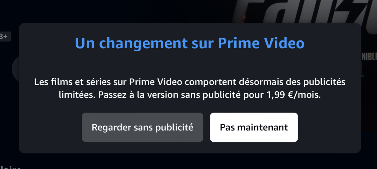 Amazon Prime Video sans pub, c'est 1,99€ en plus par mois